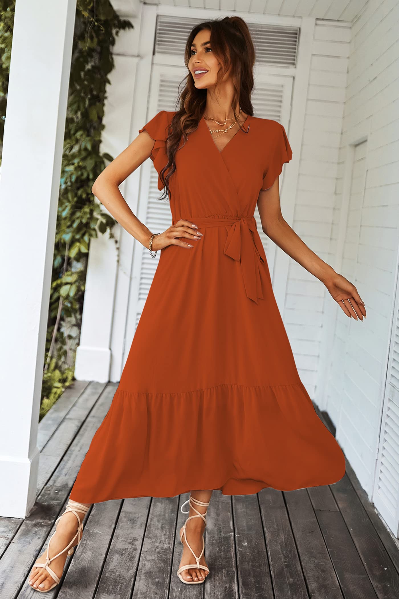 PRETTYGARDEN Women's 2024 Floral Boho Dress Wrap V Neck Short Sleeve Belted Ruffle Hem A-Line Flowy Maxi Dresses (Solid Brick Red,X-Large)