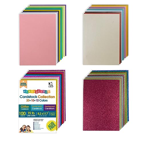 100 Sheets Color Cardstock, 92lb./250GSM Heavyweight Glitter Card stock Paper, A4 Printed Cardstock & Thick Pearlescent Cardstock for Craft Scrapbook Party Decors Kid School Supplies - Assorted Color
