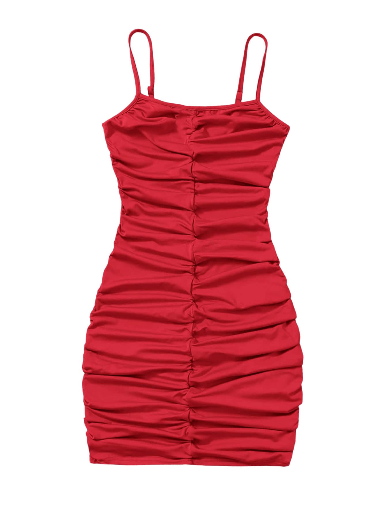 SweatyRocks Girl's Spaghetti Strap Solid Ruched Slim Fitted Cami Short Dress Red 12-13Y