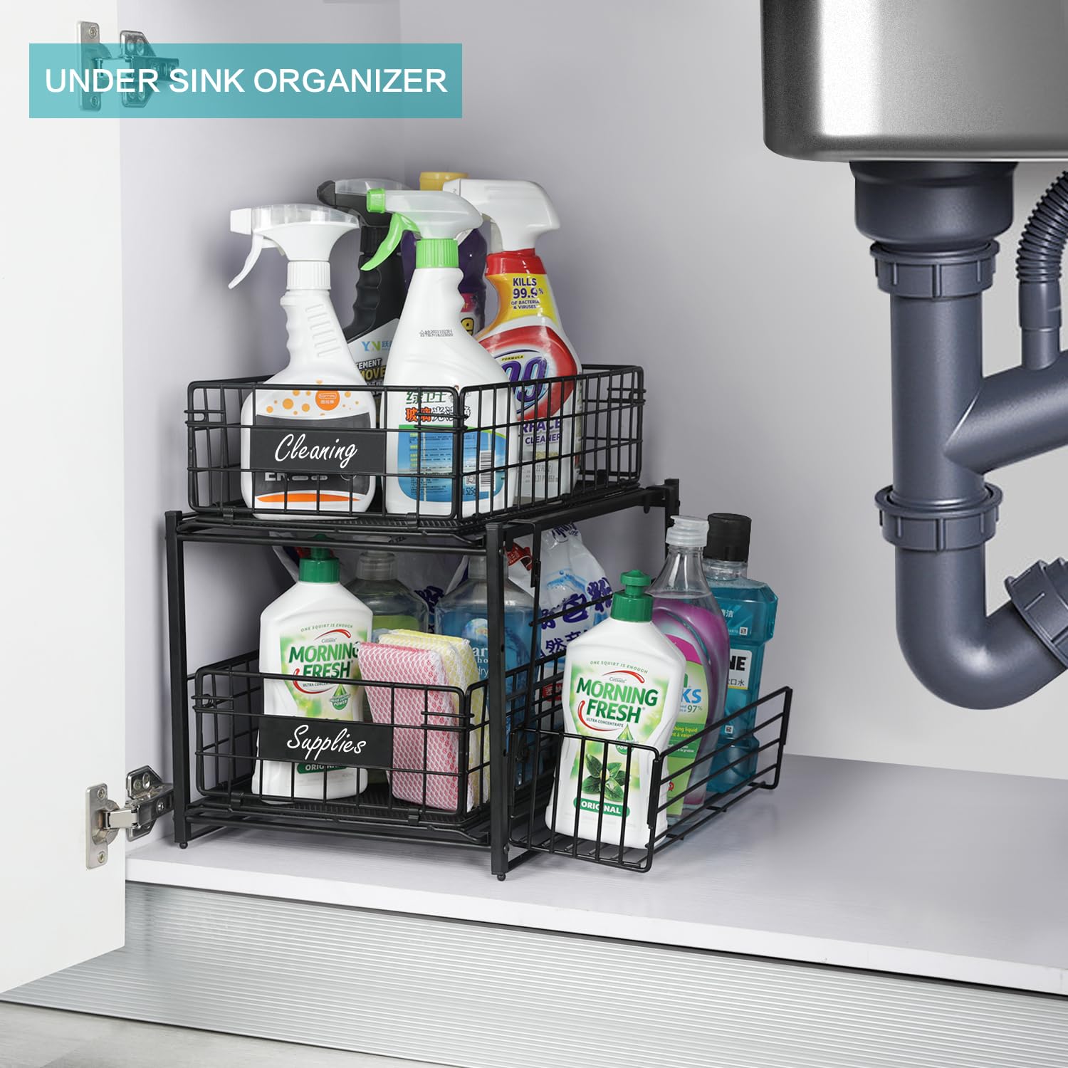 Under Sink Organizers and Storage, Pull Out Under Bathroom Cabinet Organizer with Sponge Holder, Sliding Out Closet Organizer and Storage Basket Drawer for Kitchen Cabinet Bathroom Counter Undersink