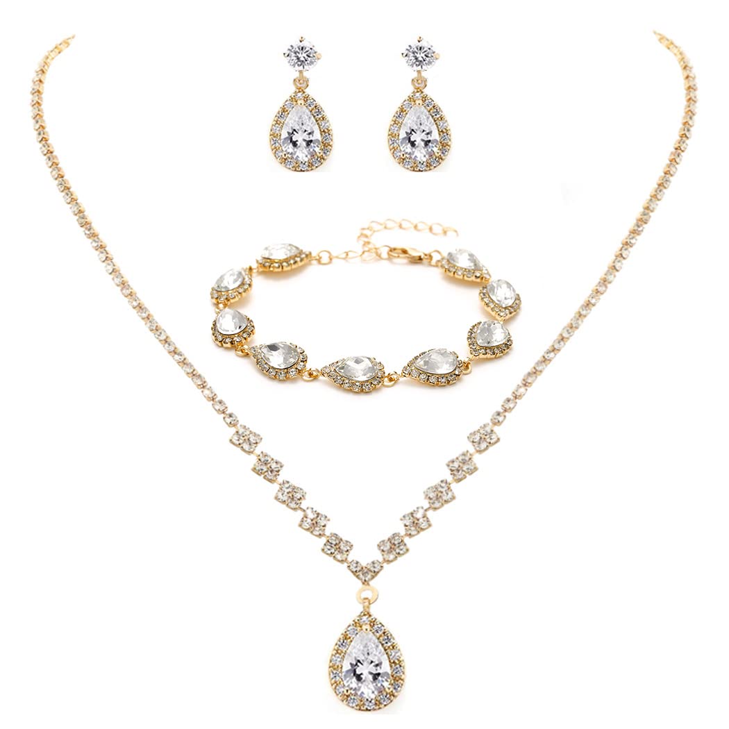 Unicra Bride Crystal Necklace Earrings Bracelet Set Bridal Wedding Jewelry Sets Rhinestone Prom Costume Jewelry Set for Women and Brides (D-3 Pack Gold Necklace Bracelet Earrings)
