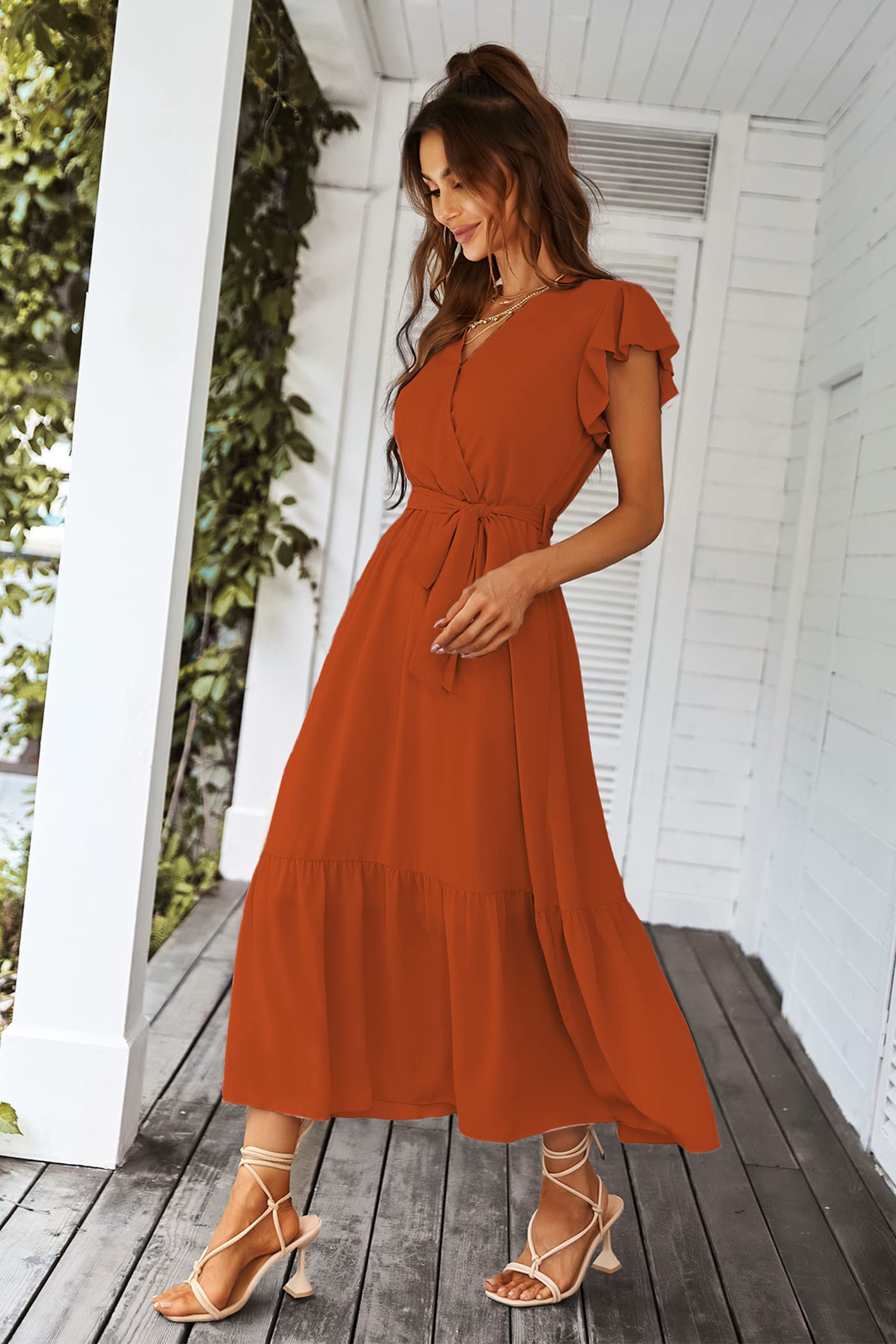 PRETTYGARDEN Women's 2024 Floral Boho Dress Wrap V Neck Short Sleeve Belted Ruffle Hem A-Line Flowy Maxi Dresses (Solid Brick Red,X-Large)
