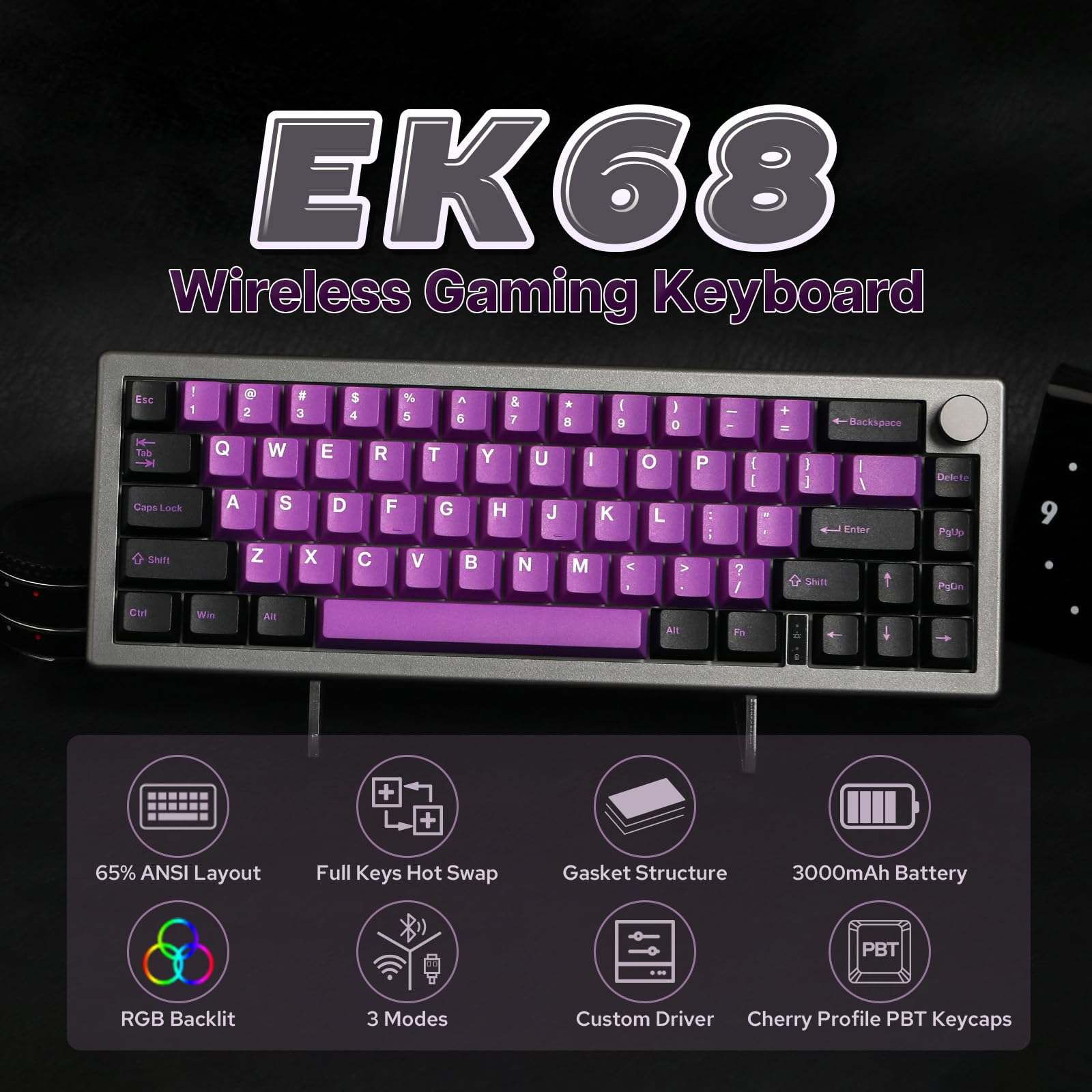 EPOMAKER EK68 65% Wireless Gaming Keyboard, Hot Swappable Gasket Mechanical Keyboard with Metal Knob, Bluetooth 5.0/2.4Ghz Wireless/USB-C Wired Custom Keyboard (Black Purple, Gateron Pro Yellow)