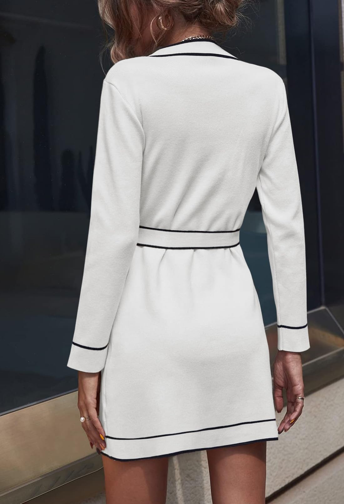 Pink Queen Womens Sexy V Neck Bodycon Sweater Dress Casual Long Sleeve Button Up Open Front Color Patchwork Tie Waist Cardigan Outerwear White L