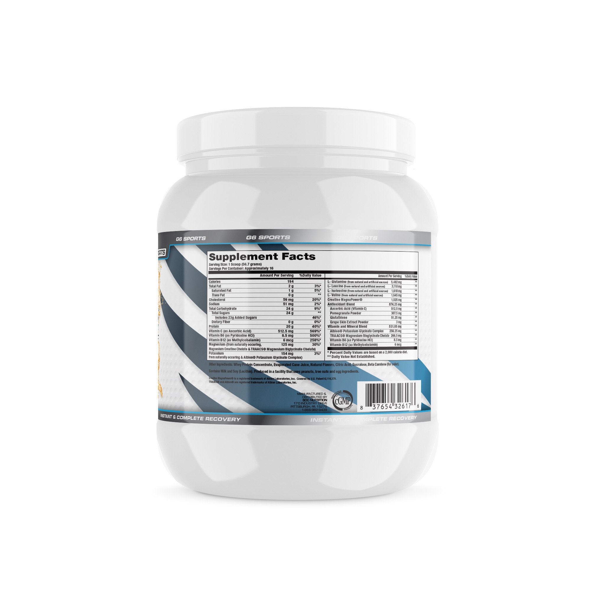 G6 Sports Nutrition Replenish Instant & Complete Recovery (Post Workout Formula, 11g of BCAAs & EAAs, 20g Whey Protein, 1000mg Creatine MagnaPower, Zero Refined Sugars) β 2lb Jar β Orange Mango