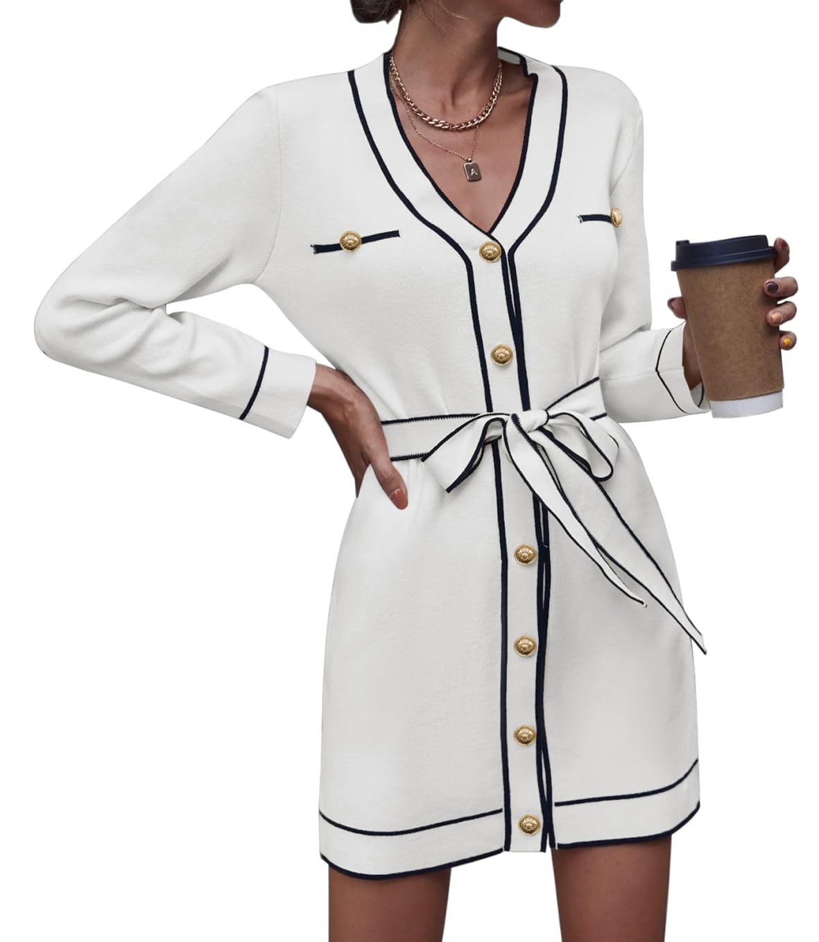 Pink Queen Womens Sexy V Neck Bodycon Sweater Dress Casual Long Sleeve Button Up Open Front Color Patchwork Tie Waist Cardigan Outerwear White L