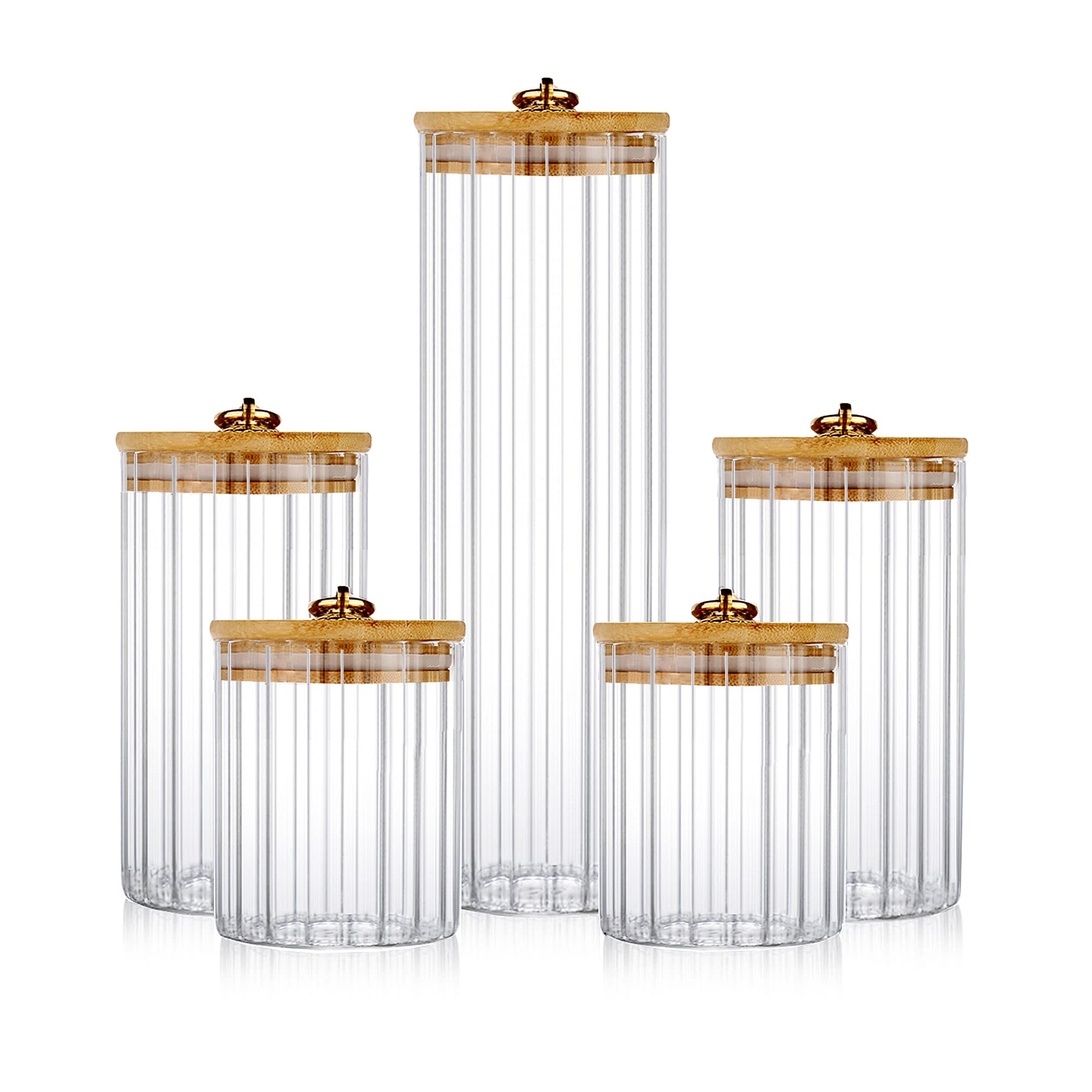 Glass Storage Jars Set of 5, Decorative Coffee Bar Container with Airtight Bamboo Lid Metal Ring for Home Kitchen Storing Candy, Cookie, Pasta, Nuts, Oatmeal and Bathroom Salt