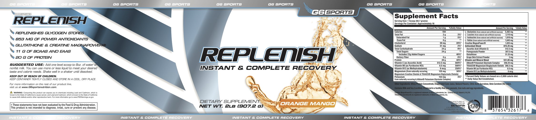 G6 Sports Nutrition Replenish Instant & Complete Recovery (Post Workout Formula, 11g of BCAAs & EAAs, 20g Whey Protein, 1000mg Creatine MagnaPower, Zero Refined Sugars) β 2lb Jar β Orange Mango