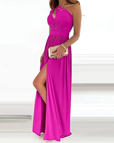 BTFBM Women's One Shoulder Cutout Sleeveless Maxi Dresses Side High Split Elegant Formal Prom Bodycon Party Cocktail Dress(Solid Rose Red, Large)