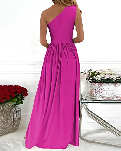 BTFBM Women's One Shoulder Cutout Sleeveless Maxi Dresses Side High Split Elegant Formal Prom Bodycon Party Cocktail Dress(Solid Rose Red, Large)