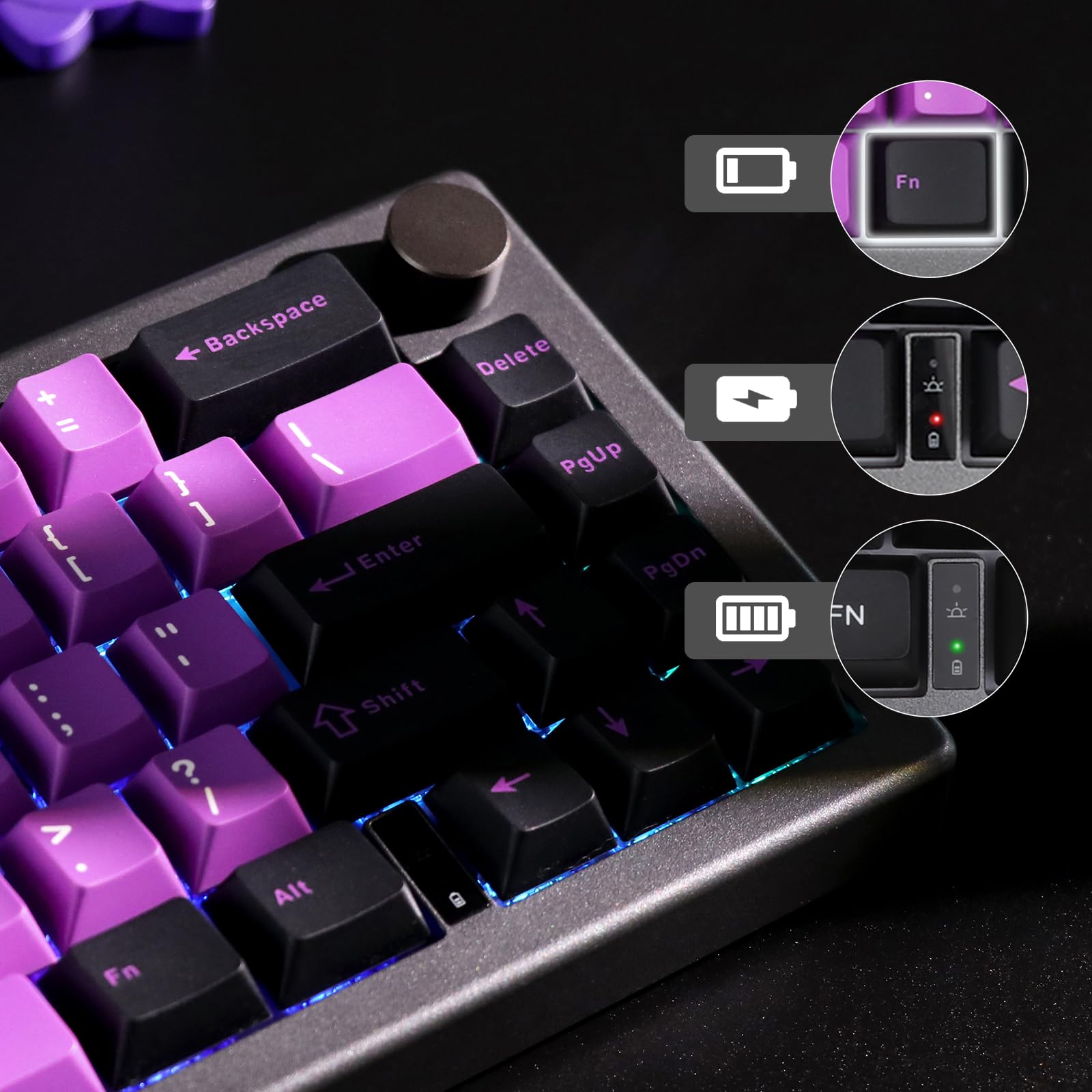 EPOMAKER EK68 65% Wireless Gaming Keyboard, Hot Swappable Gasket Mechanical Keyboard with Metal Knob, Bluetooth 5.0/2.4Ghz Wireless/USB-C Wired Custom Keyboard (Black Purple, Gateron Pro Yellow)
