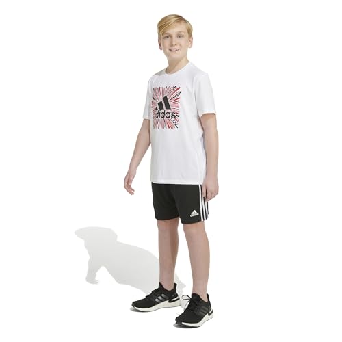 adidas Boys' Big Short Sleeve Cotton Blocked BoS Logo T-Shirt, White, M(10/12)