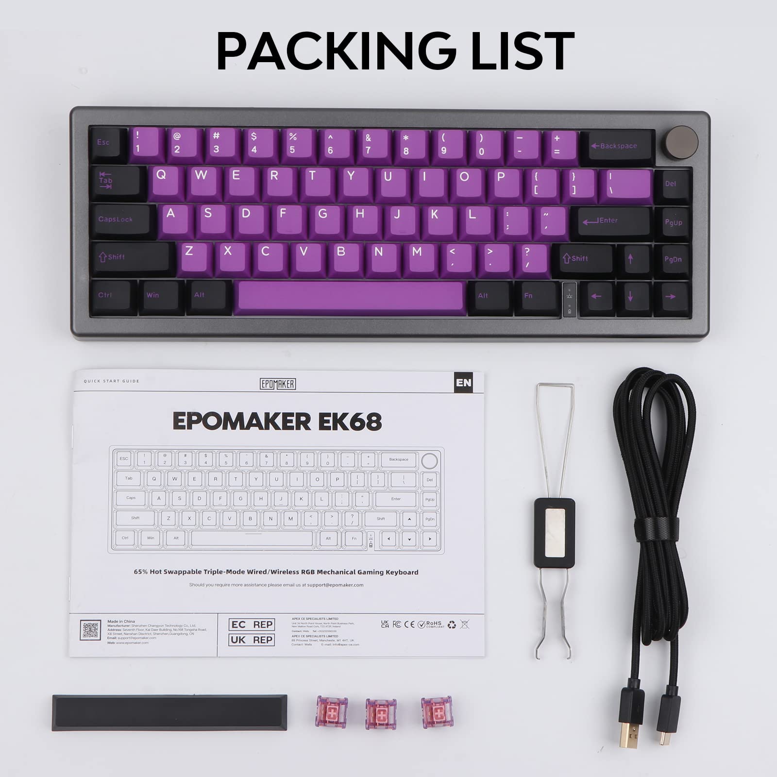 EPOMAKER EK68 65% Wireless Gaming Keyboard, Hot Swappable Gasket Mechanical Keyboard with Metal Knob, Bluetooth 5.0/2.4Ghz Wireless/USB-C Wired Custom Keyboard (Black Purple, Gateron Pro Yellow)