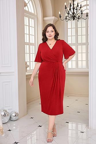 Plus Size Short Bell Sleeve Cocktail Dress Elegant Wear to Work Dress Red 5X