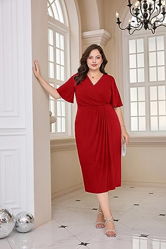 Plus Size Short Bell Sleeve Cocktail Dress Elegant Wear to Work Dress Red 5X