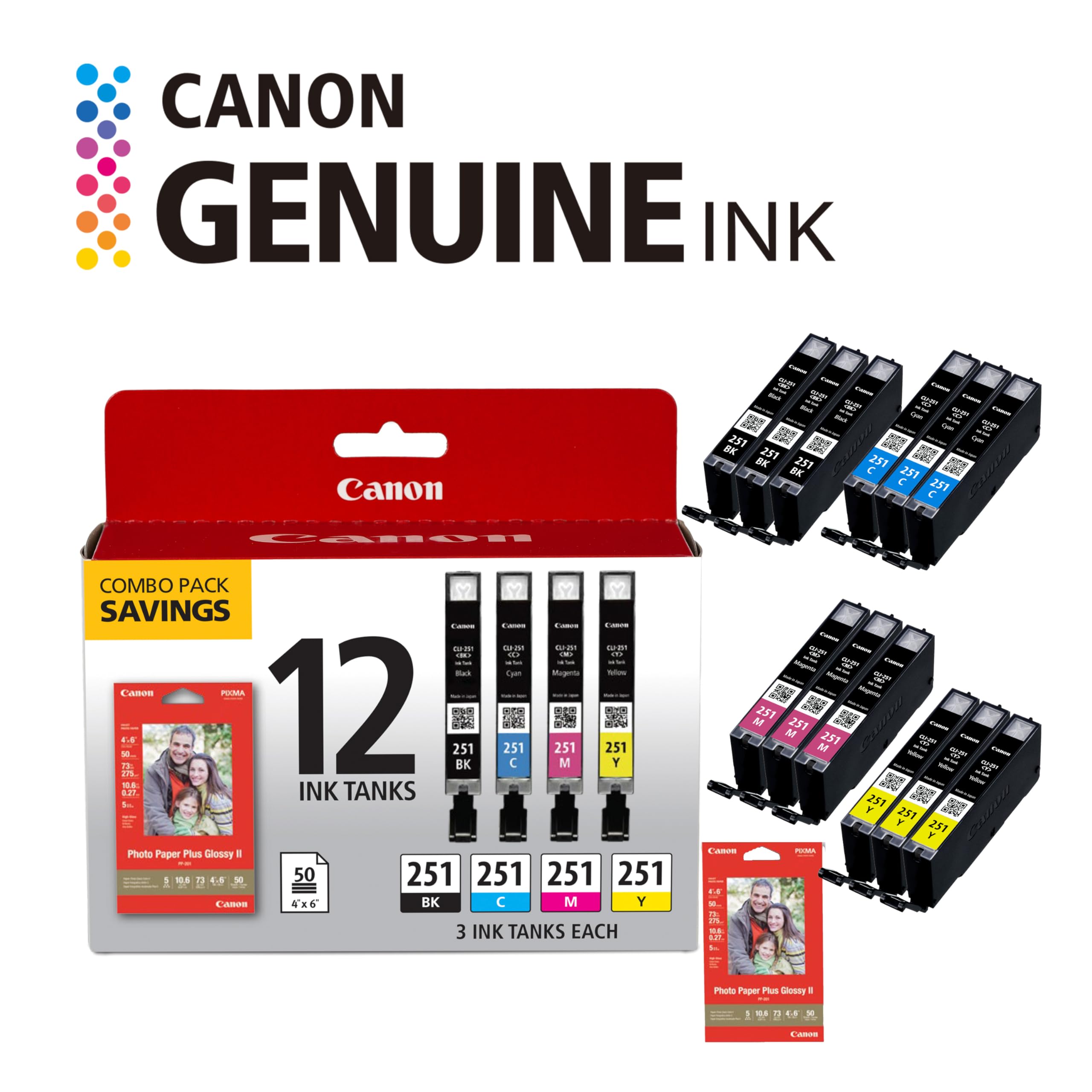 Canon CLI-251 BK/C/M/Y 12 Color Combo Pack Compatible to MG7520, MG5620, MG6620