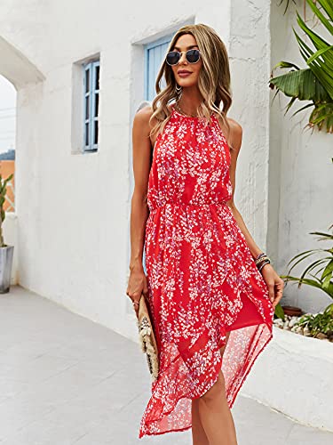 ECOWISH Womens Casual Halter Dress High Low Sleeveless Floral Long Maxi Chiffon Sundress 169 Red Medium