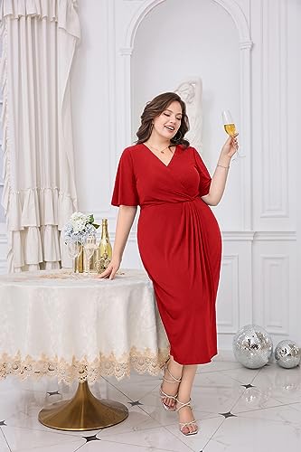 Plus Size Short Bell Sleeve Cocktail Dress Elegant Wear to Work Dress Red 5X