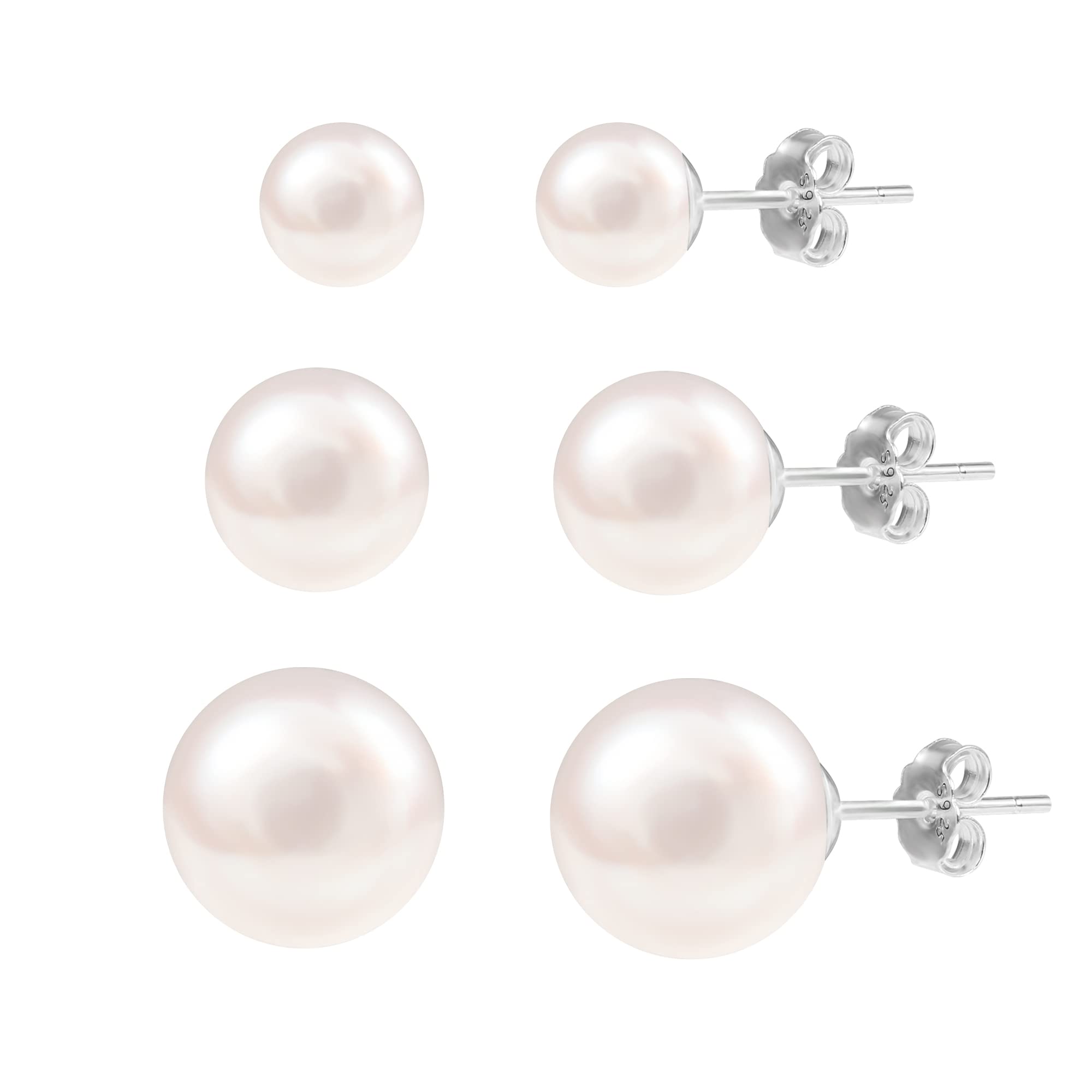 Lancharmed Sterling Silver Pearl Stud Earrings for Women AAA White Pearl Studs Hypoallergenic Pearls Studs Set(6/7/9 mm)