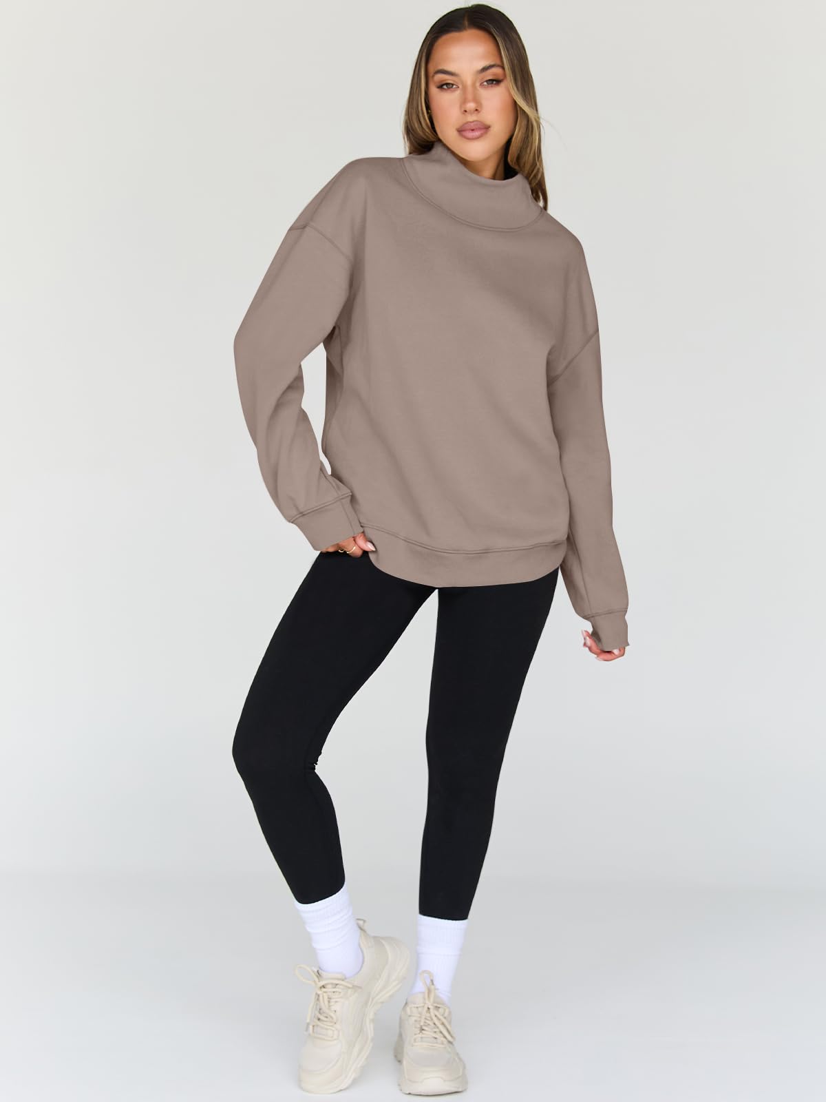Trendy Queen Womens Oversized Sweatshirts Turtleneck Pullover Long Sleeve Hoodies Tops Fall Fashion Outfits 2024 Clothes CoffeeGrey S