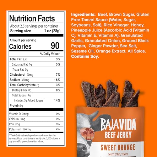 Baja Vida Sweet Orange Beef Jerky - Beef Jerky Snack Packs, Healthy Jerky, Gluten-Free, All-Natural Beef, No MSG, Made in the USA - 2.5 Oz (Pack of 4)