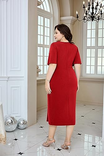 Plus Size Short Bell Sleeve Cocktail Dress Elegant Wear to Work Dress Red 5X