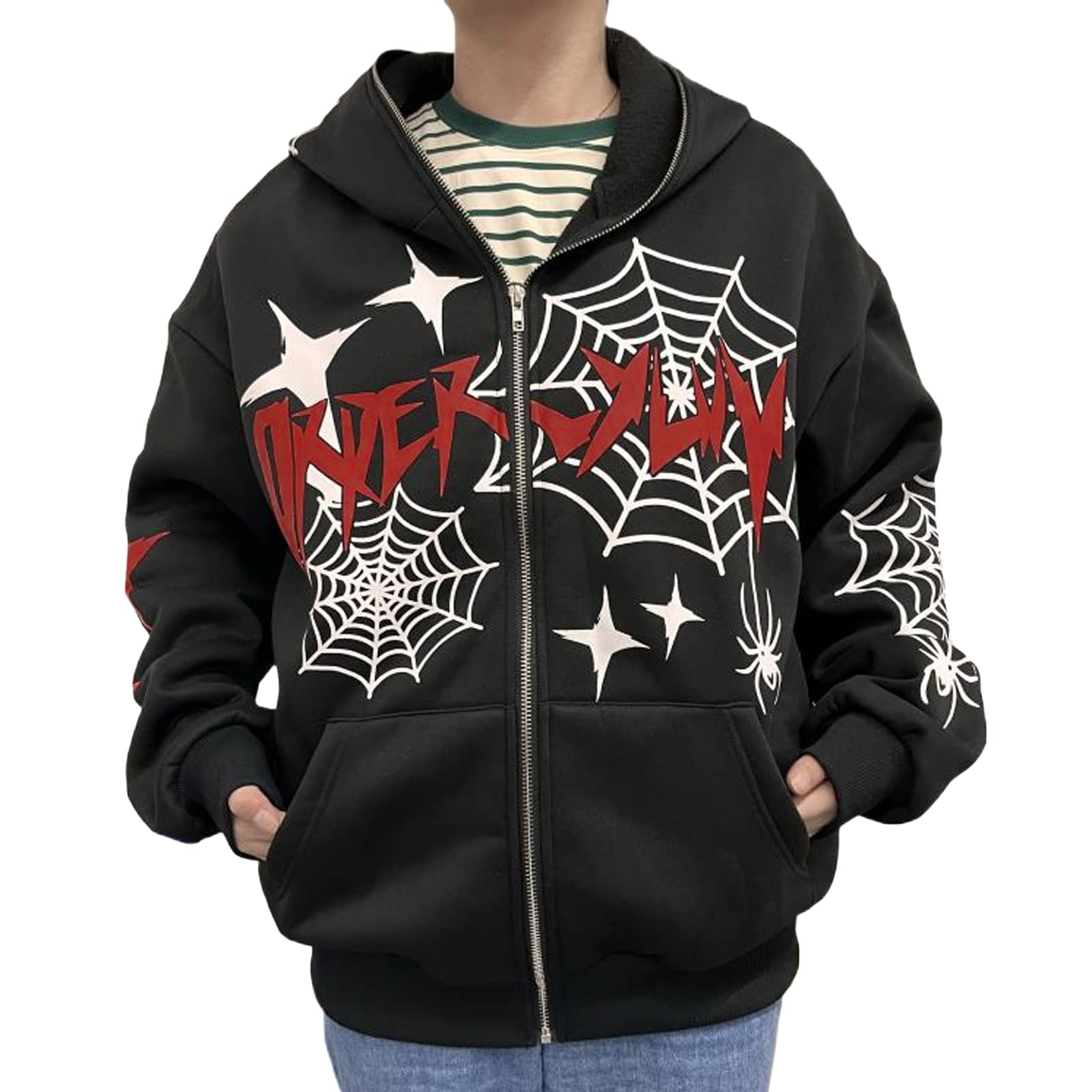 Megecaggfy Womens Men Y2k Full Zip Up Hoodie Vintage Graphic Oversized Sweatshirt Fashion Jacket Streetwear (Black 2, L)