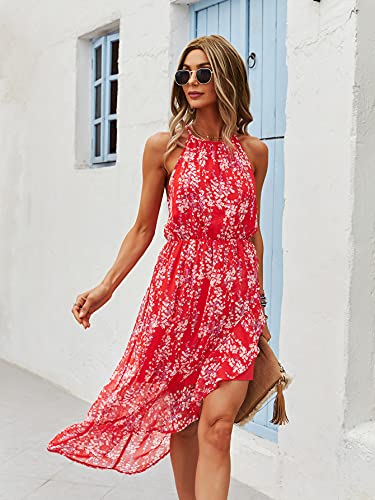 ECOWISH Womens Casual Halter Dress High Low Sleeveless Floral Long Maxi Chiffon Sundress 169 Red Medium