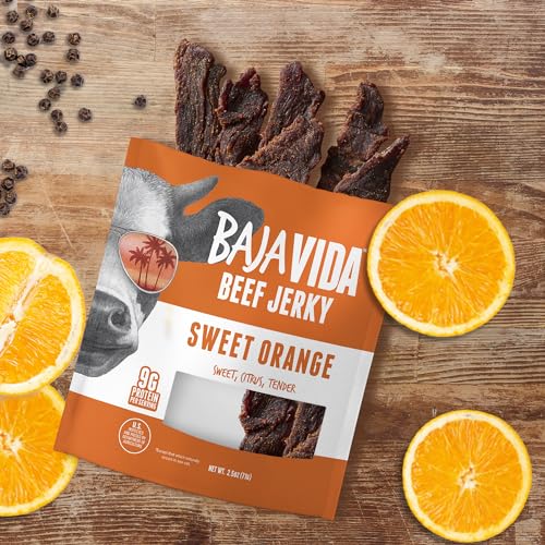 Baja Vida Sweet Orange Beef Jerky - Beef Jerky Snack Packs, Healthy Jerky, Gluten-Free, All-Natural Beef, No MSG, Made in the USA - 2.5 Oz (Pack of 4)