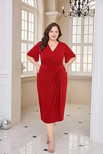 Plus Size Short Bell Sleeve Cocktail Dress Elegant Wear to Work Dress Red 5X