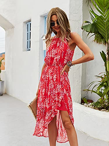 ECOWISH Womens Casual Halter Dress High Low Sleeveless Floral Long Maxi Chiffon Sundress 169 Red Medium