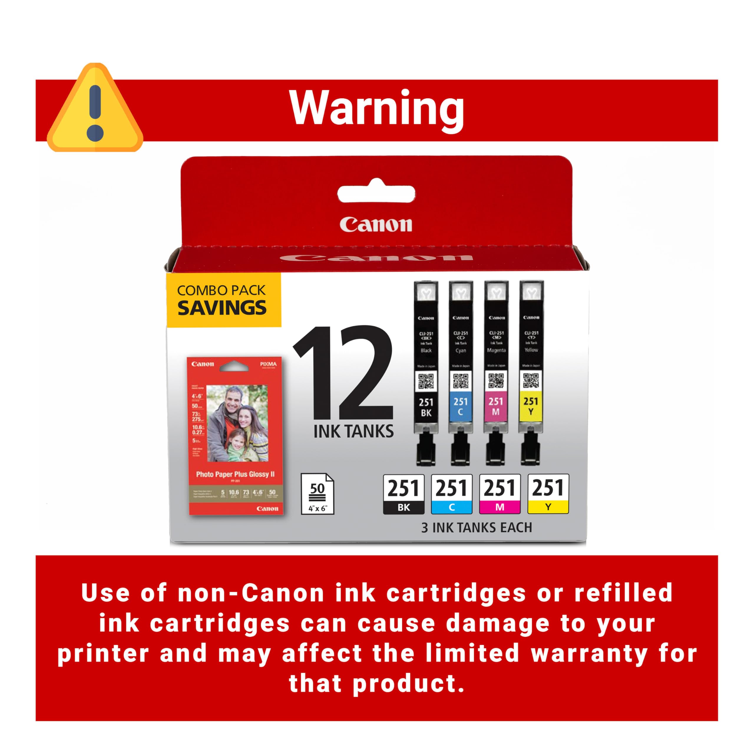 Canon CLI-251 BK/C/M/Y 12 Color Combo Pack Compatible to MG7520, MG5620, MG6620