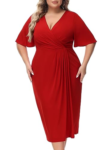 Plus Size Short Bell Sleeve Cocktail Dress Elegant Wear to Work Dress Red 5X