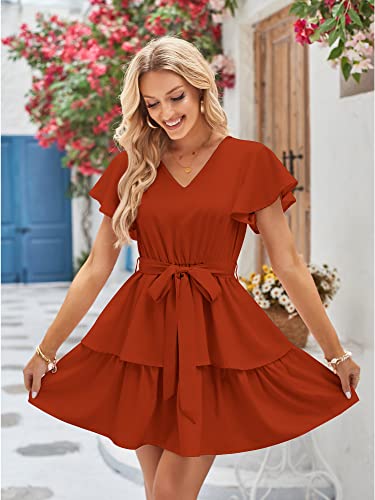 ZAFUL Women's Short Flutter Sleeve Mini Dress V Neck Waist Tie Tiered Flare Casual 2023 Summer Dress (Brick Red, M)