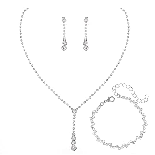 Yean Bride Silver Bridal Necklace Earrings Set Crystal Wedding Jewelry Set Rhinestone Choker Necklaces for Women (Silver-Bracelet)