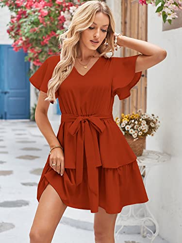 ZAFUL Women's Short Flutter Sleeve Mini Dress V Neck Waist Tie Tiered Flare Casual 2023 Summer Dress (Brick Red, M)