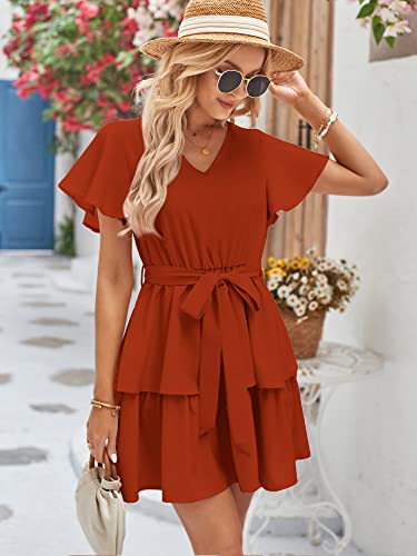 ZAFUL Women's Short Flutter Sleeve Mini Dress V Neck Waist Tie Tiered Flare Casual 2023 Summer Dress (Brick Red, M)