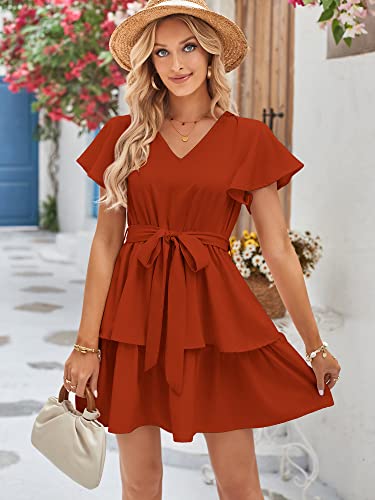 ZAFUL Women's Short Flutter Sleeve Mini Dress V Neck Waist Tie Tiered Flare Casual 2023 Summer Dress (Brick Red, M)