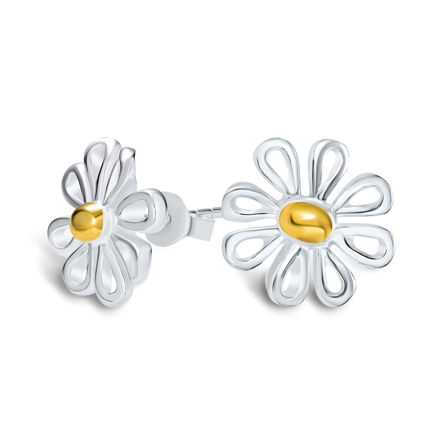 Summer Spring Time Two Tone Charm Sunflower Daisy Flower Stud Earring Women Teen Yellow 14K Gold Plated .925 Sterling Silver