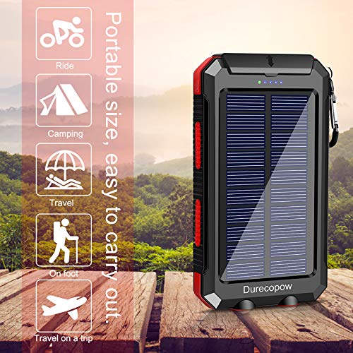 Durecopow Solar Charger, 20000mAh Portable Outdoor Waterproof Solar Power Bank, Camping External Backup Battery Pack Dual 5V USB Ports Output, 2 Led Light Flashlight with Compass (Red)
