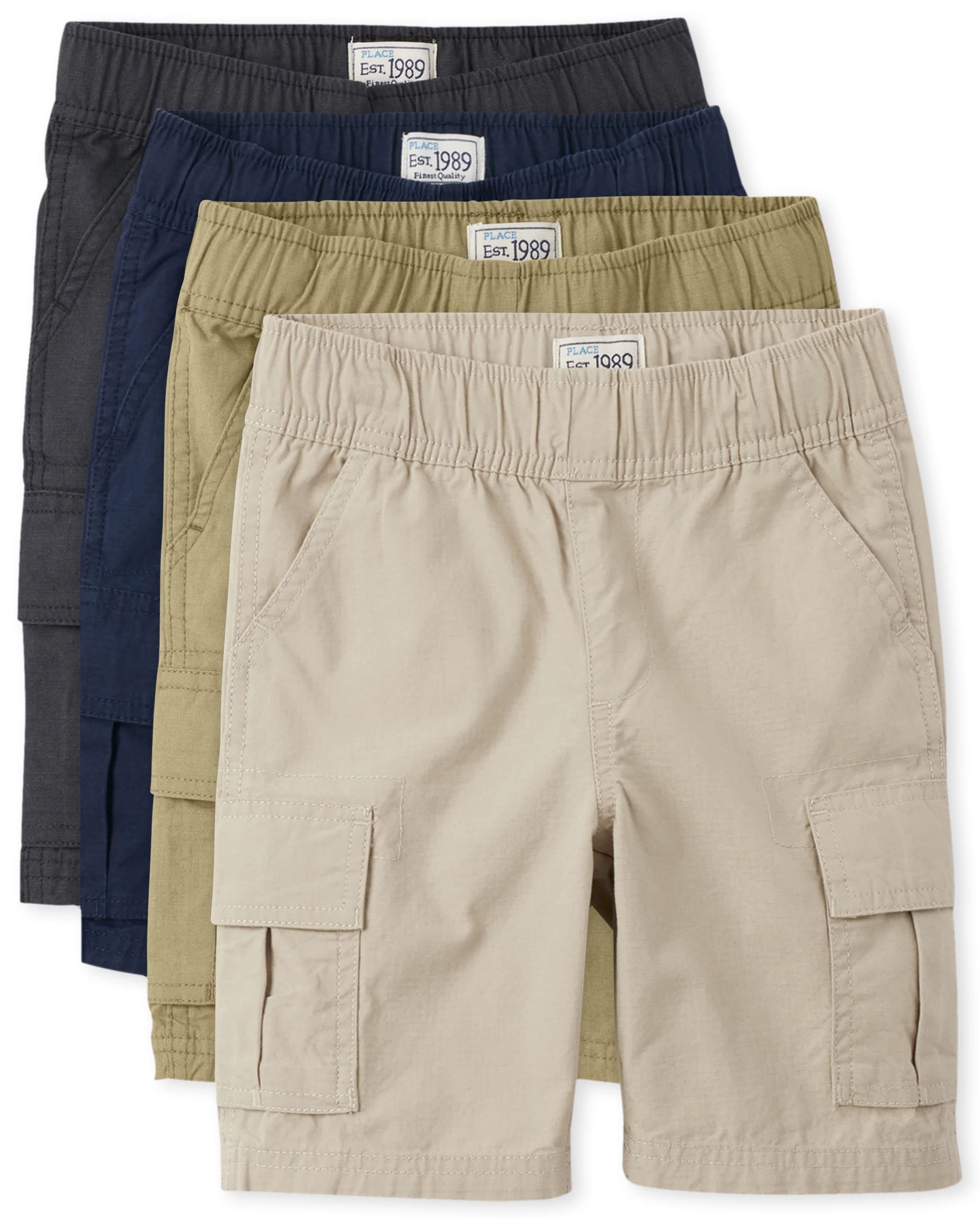 The Children's Place Boys Pull on Cargo Shorts,Flax/Sandwash/Tidal/Washed Black 4 Pack,7