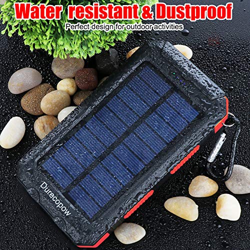 Durecopow Solar Charger, 20000mAh Portable Outdoor Waterproof Solar Power Bank, Camping External Backup Battery Pack Dual 5V USB Ports Output, 2 Led Light Flashlight with Compass (Red)