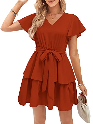 ZAFUL Women's Short Flutter Sleeve Mini Dress V Neck Waist Tie Tiered Flare Casual 2023 Summer Dress (Brick Red, M)