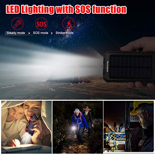 Durecopow Solar Charger, 20000mAh Portable Outdoor Waterproof Solar Power Bank, Camping External Backup Battery Pack Dual 5V USB Ports Output, 2 Led Light Flashlight with Compass (Red)