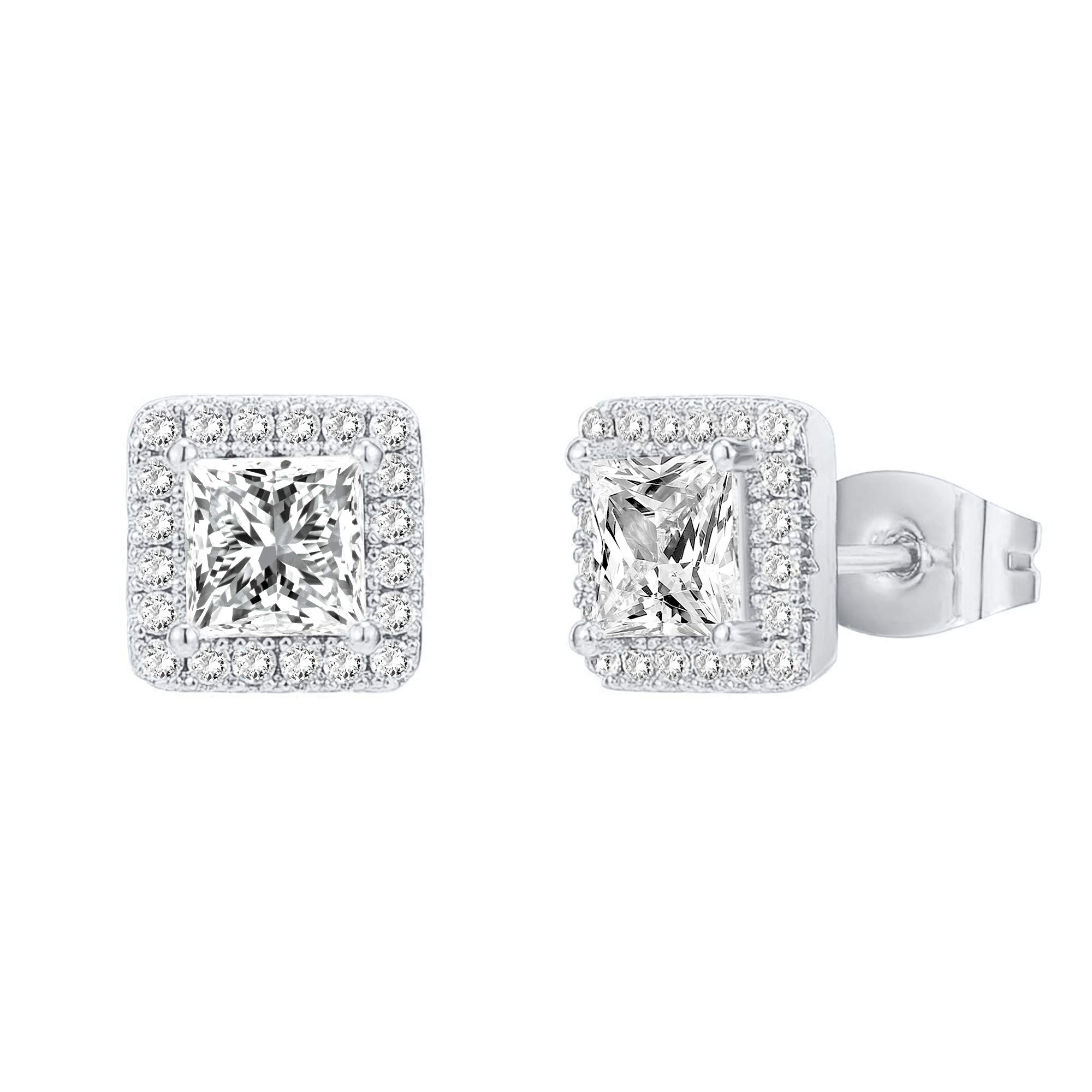 PAVOI 14K Gold Plated Sterling Silver Post Brilliant Round Faux Diamond Princess Cut Earrings - Premium Cubic Zirconia in White Gold