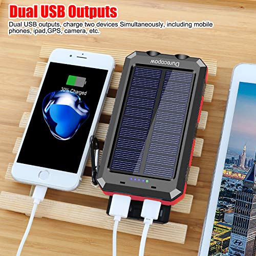 Durecopow Solar Charger, 20000mAh Portable Outdoor Waterproof Solar Power Bank, Camping External Backup Battery Pack Dual 5V USB Ports Output, 2 Led Light Flashlight with Compass (Red)