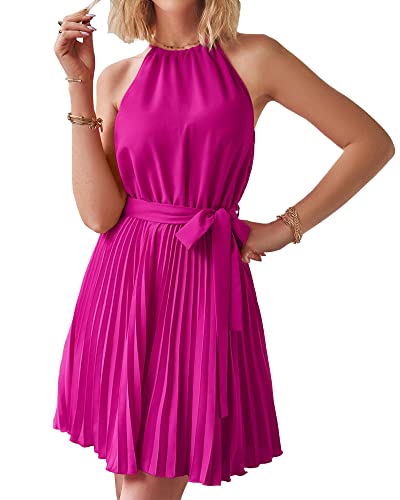 BTFBM Women 2024 Summer Casual Halter Neck A-Line Dress Sleeveless Belted Swing Pleated Cocktail Party Beach Mini Dresses(Solid Purple Red, Large)