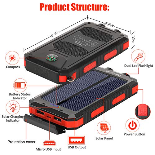 Durecopow Solar Charger, 20000mAh Portable Outdoor Waterproof Solar Power Bank, Camping External Backup Battery Pack Dual 5V USB Ports Output, 2 Led Light Flashlight with Compass (Red)