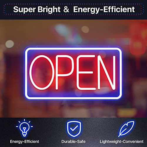 Sugarneon LED Neon Open Sign, 16.5"x 9" Open Sign for Business, Powered by USB with ON/OFF Switch, Adjustable Brightness Neon Lights for Party Bar Salon Stores Hotel Wall Decor Neon Light Sign(Blue/Red-Horizontal)