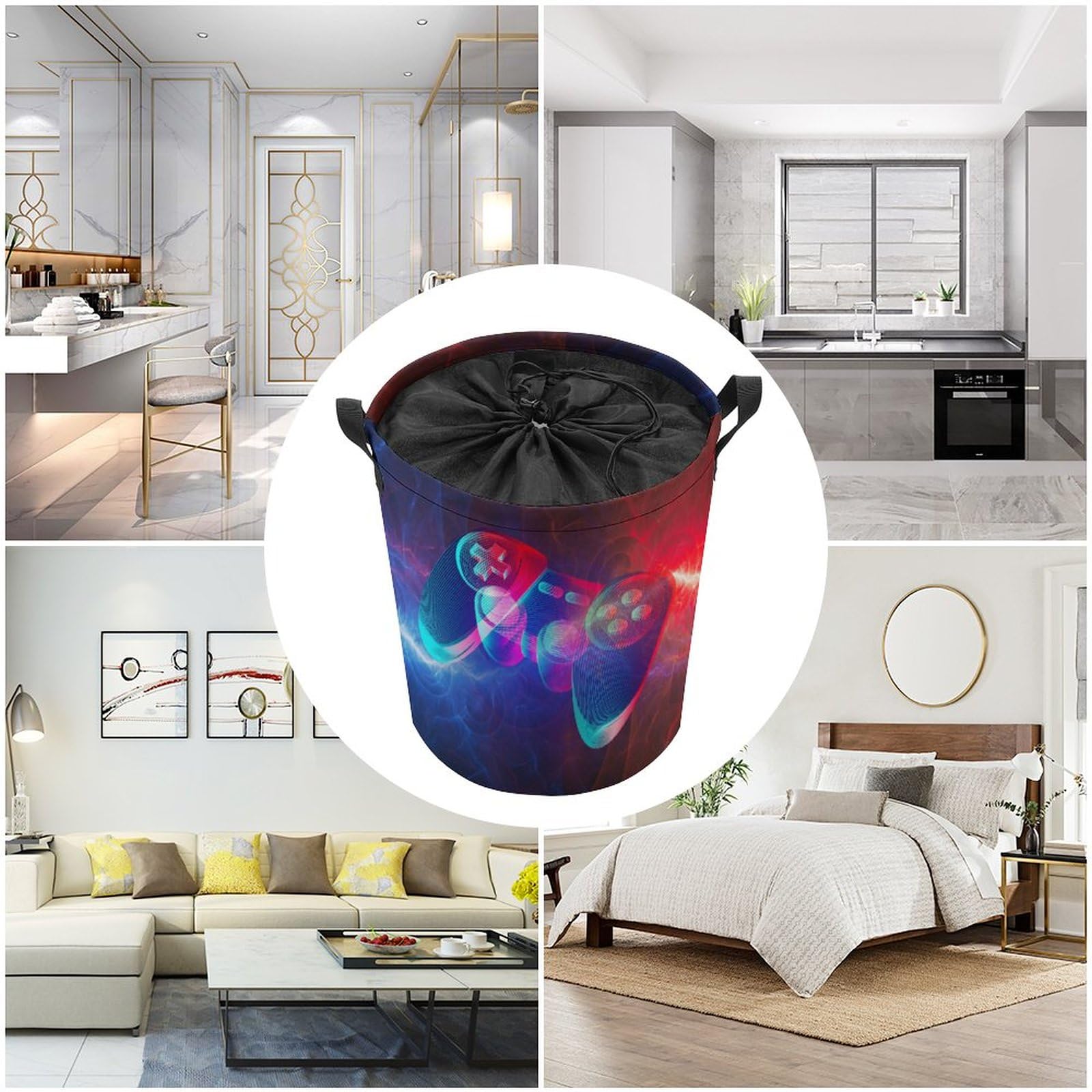 Boys Gamepad Waterproof Oxford Cloth Laundry Basket Abstract Gaming Controller Gamer Video Pattern for Blanket Toys Dirty Clothes in Living Room Bathroom Bedroom One Size